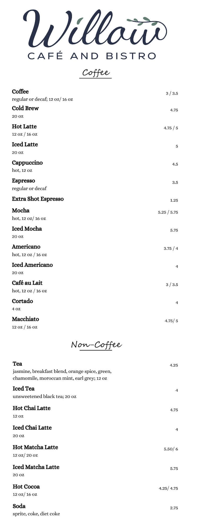 Menus | Willow Cafe and Bistro